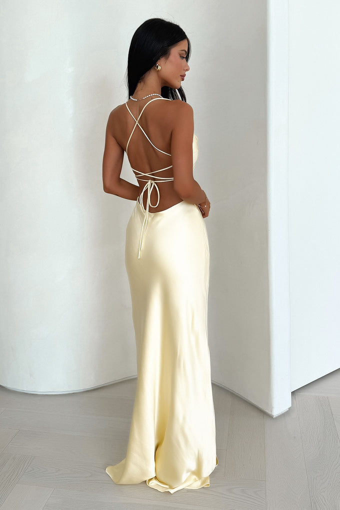 Starlette Cowl Neck Satin Maxi Dress - Yellow – Thats So Fetch UK